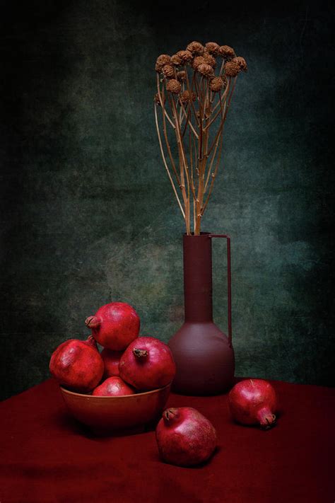 Still Life With Ripe Pomegranates And A Vase With Dried Flowers Photograph By Valentin Ivantsov