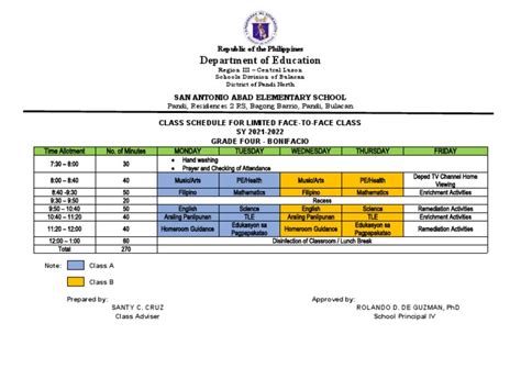 Class Schedule For Limited F2f Pdf Educational Institutions