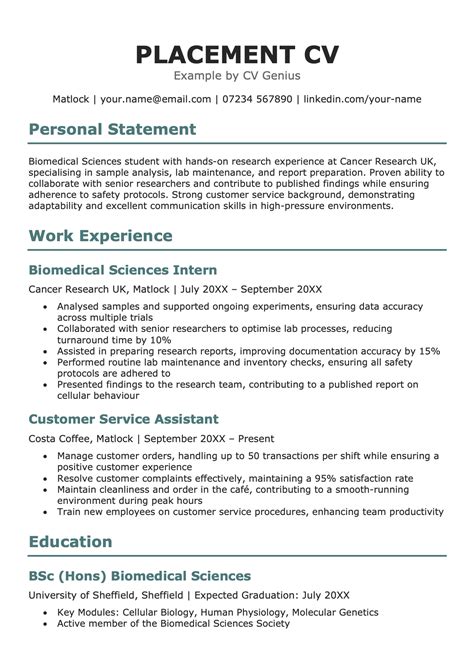 Placement Cv Free Example Template And Writing Guide