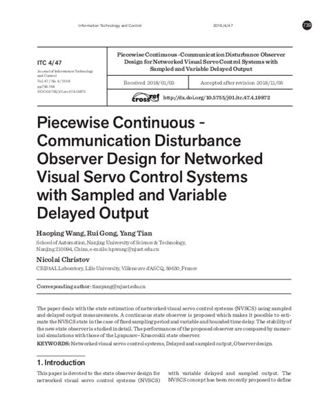 Pdf Piecewise Continuous Communication Disturbance Observer Design For Networked Visual Servo