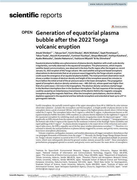 Pdf Generation Of Equatorial Plasma Bubble After The 2022 Tonga Volcanic Eruption