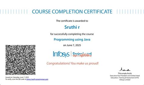 Earned Java Programming Certificate On Infosys Springboard Sruthi R