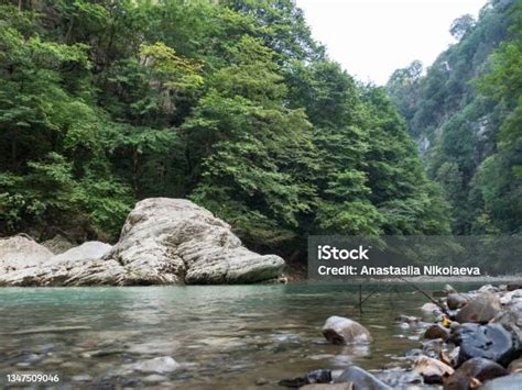 깨끗하고 투명한 산강 강둑에는 커다란 젖은 돌이 있으며 강 주변에는 숲과 거대한 바위가 있습니다 사람이없는 아름다운 풍경 0명에 대한 스톡 사진 및 기타 이미지 Istock