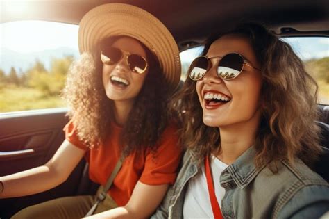 Premium Photo Girls In A Car With Sun Glasses Laughing And Laughing