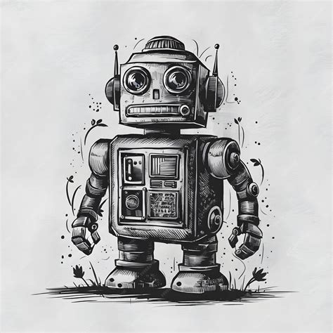Robot Monochrome Ink Sketch Vector Drawing Engraving Style Illustration