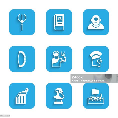 세트 제우스 고대 흉상 조각 그리스 Trireme 헬멧 부러진 고대 기둥 중세 활 Cyclops와 해왕성 삼지창 아이콘 벡터