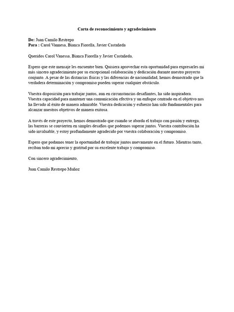 Carta De Reconocimiento Y Agradecimiento Pdf