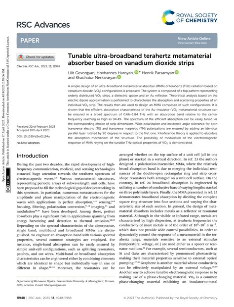 Pdf Tunable Ultra Broadband Terahertz Metamaterial Absorber Based On Vanadium Dioxide Strips