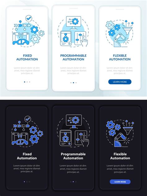 Automation Types Night And Day Mode Onboarding Mobile App Screen Walkthrough 3 Steps Graphic