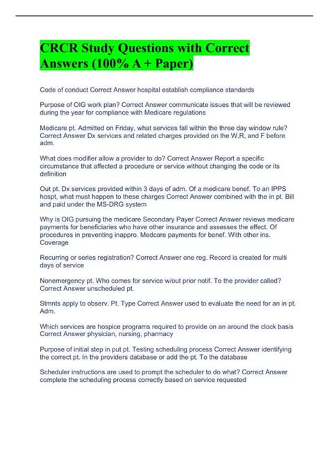 CRCR Study Questions With Correct Answers 100 A Paper CRCR Certified Revenue Cycle