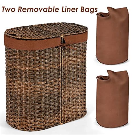 Mat Expert Rattan Laundry Hampers Laundry Baskets With 2 Detachable Canvas Bags Divided