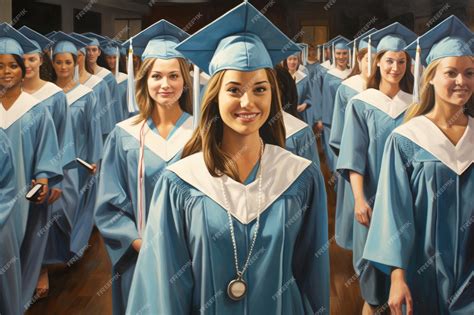Un Grupo De Mujeres Con Togas Azules De Graduación Ceremonia De