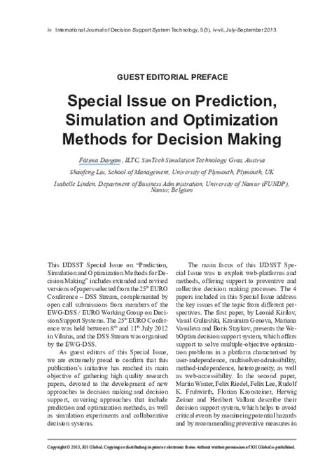 Pdf Prediction Simulation And Optimization Methods For Decision Making Ijdsst Special Issue