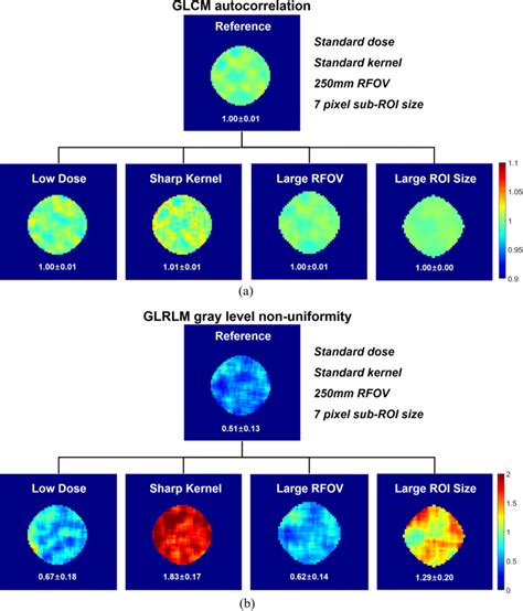 example color map of a the glcm autocorrelation and b the glrlm gray