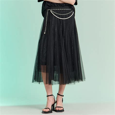 레이스 펄 망사 레이어드 롱 스커트 하고