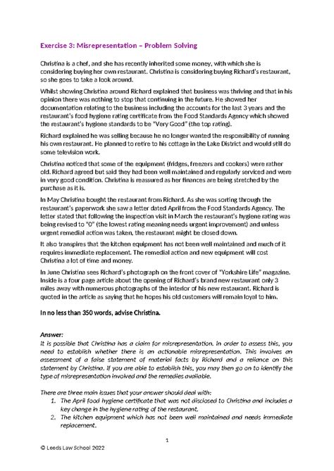 Misrepresentation Example Answer Exercise 3 Misrepresentation