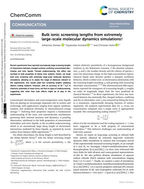 Pdf Bulk Ionic Screening Lengths From Extremely Large Scale Molecular Dynamics Simulations