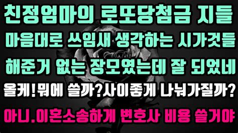 실화사연 친정엄마의 로또당첨금 지들 마음대로 쓰임새 생각하는 시가것들해준거 없는 장모였는데 잘 되었네올케뭐에 쓸까사이좋게 나눠가질까아니이혼소송하게 변호사 비용