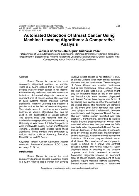 Pdf Automated Detection Of Breast Cancer Using Machine Learning Algorithms A Comparative Analysis