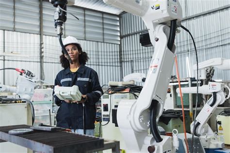 premium photo engineer controlling robot arm at factory checking the
