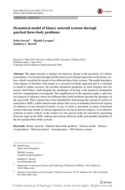 Dynamical Model Of Binary Asteroid Systems Through Patched Three Body Problems Request Pdf