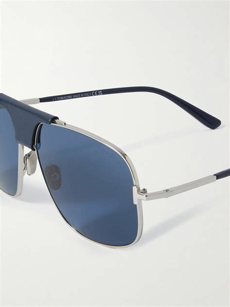 Tom Ford Tex Aviator Style Leather Trimmed Silver Tone Sunglasses Tom