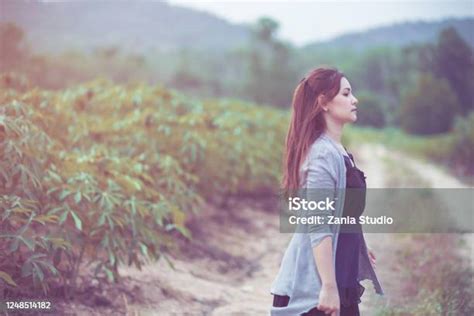 잔디 초원과 일출거리에서 자연을 즐기는 평온한 행복한 여성 야외에서 뷰티 걸 자유 개념 개념에 대한 스톡 사진 및 기타 이미지 Istock