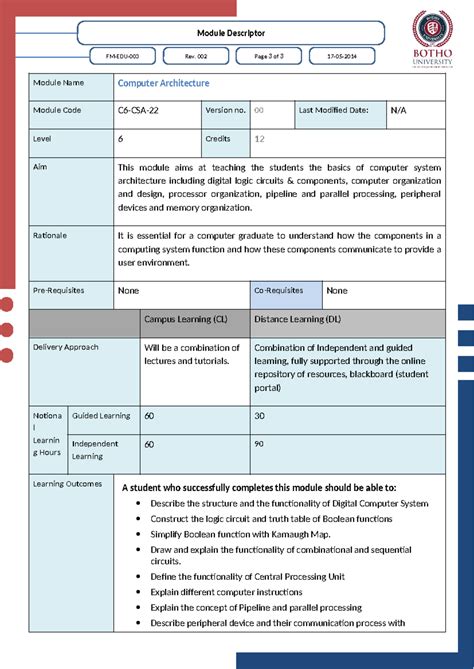 C6 Csa 22 Computer Architecture Module Descriptor Fm Edu 003 Rev 002 Page 3 Of 3 17 05