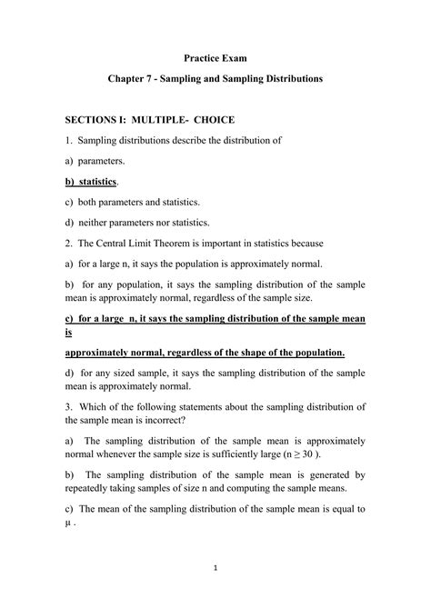 Practice Exam Chapter 7 Sampling And Sampling Distributions S