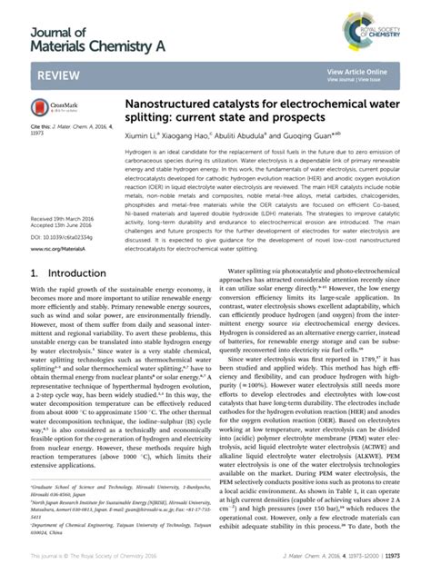 Review On Electrocatalysis For Hydrogen And Oxygen Production 2 Pdf
