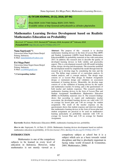pdf mathematics learning devices development based on realistic