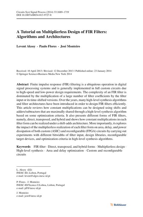Pdf A Tutorial On Multiplierless Design Of Fir Filters Algorithms