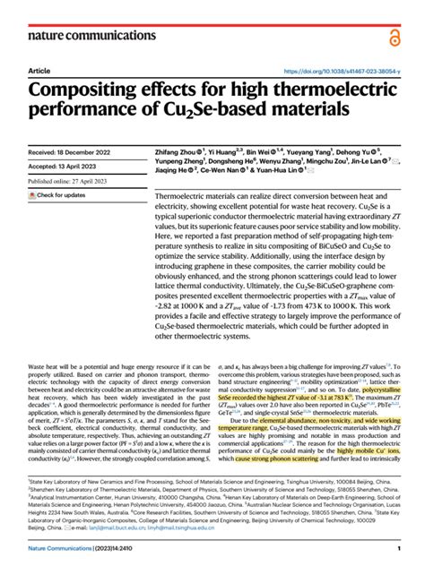 Compositing Effects For High Thermoelectric Performance Of Cu2se Based Materials Pdf