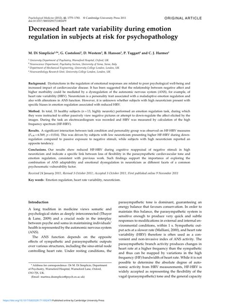 Div Class Title Decreased Heart Rate Variability During Emotion Regulation In Subjects At Risk