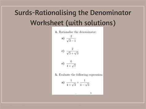 Surds Rationalising The Denominator Worksheet With Solutions