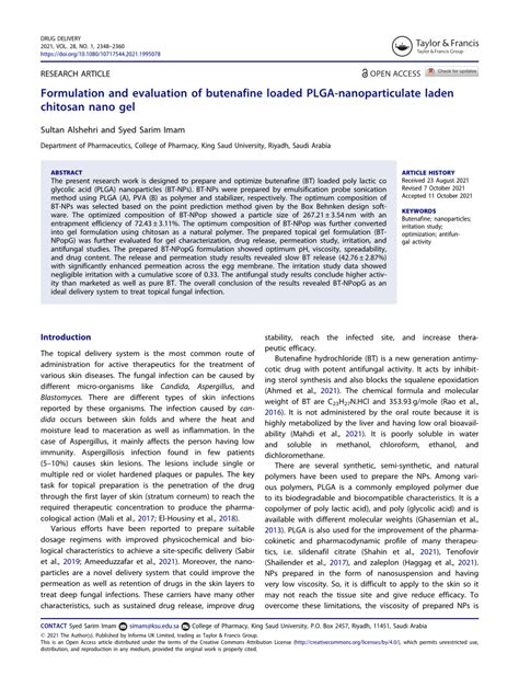 Pdf Formulation And Evaluation Of Butenafine Loaded Plga Nanoparticulate Laden Chitosan Nano Gel