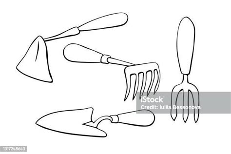 정원 도구의 벡터 세트 괭이 특종 손으로 그린 윤곽 낙서 스타일 일러스트레이션 격리 원예의 요소 농장에서 일하기위한 도구