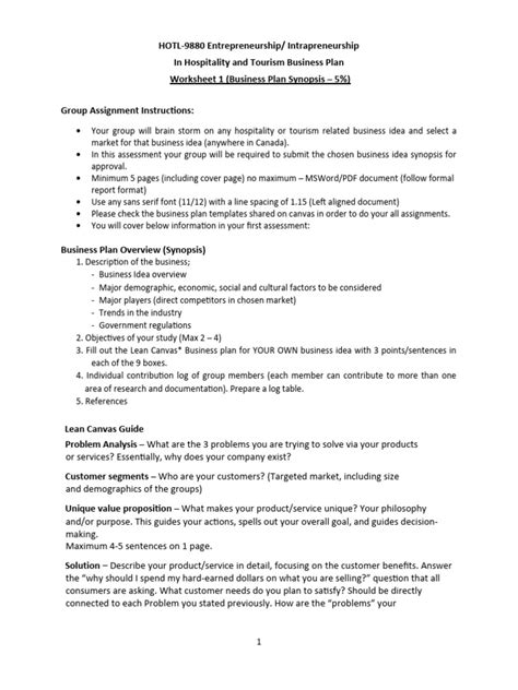 Worksheet 1 Business Plan Synopsis Pdf Marketing Economies