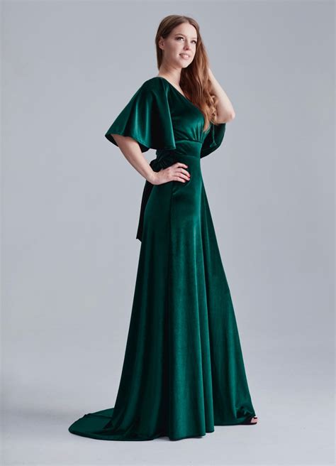Dark Green Dress With Train Flutter Sleeve Velvet Dress Wrap Etsy Uk