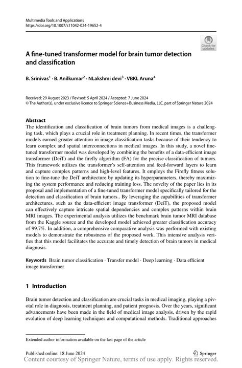 A Fine Tuned Transformer Model For Brain Tumor Detection And Classification