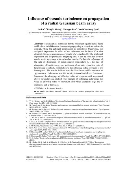 Pdf Influence Of Oceanic Turbulence On Propagation Of A Radial Gaussian Beam Array