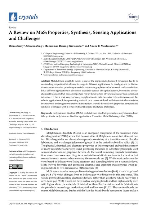 Pdf A Review On Mos2 Properties Synthesis Sensing Applications And Challenges