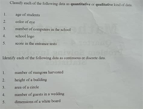 solved classify each of the following data as quantitative or