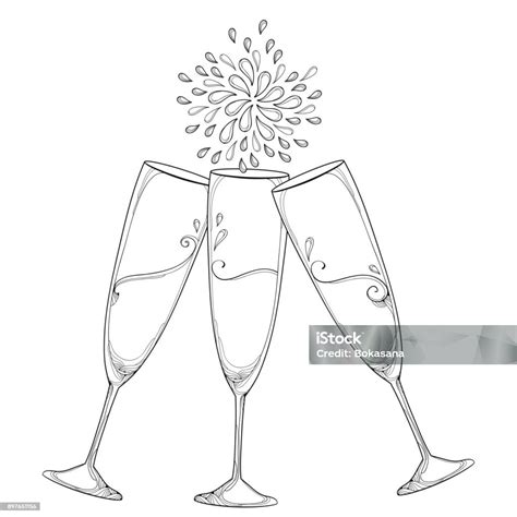 3 벡터 일러스트 레이 션 샴페인 토스트 안경 개요 또는 검은색 흰색 배경에 고립 된 플루트 3가지 개체에 대한 스톡 벡터 아트