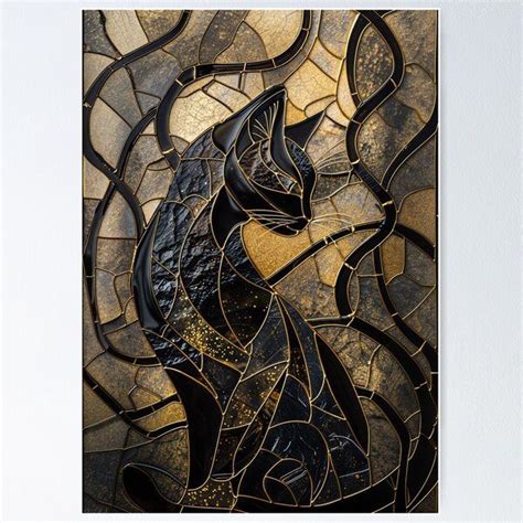 Stained Glass Kintsugi Style Golden Black Cat Mosaic Poster For Sale