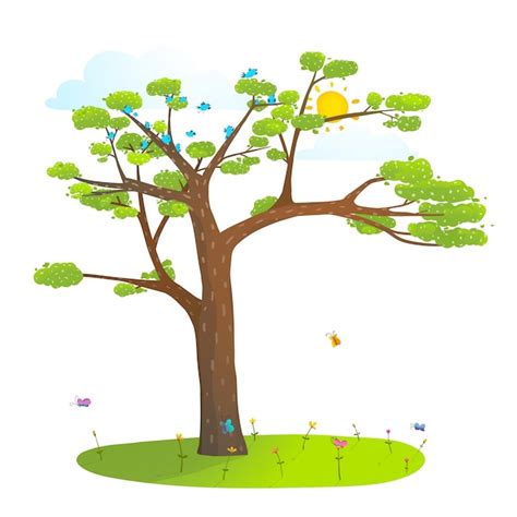 Premium Vector Tree On The Grass Lawn Sky And Sun Wild Landscape