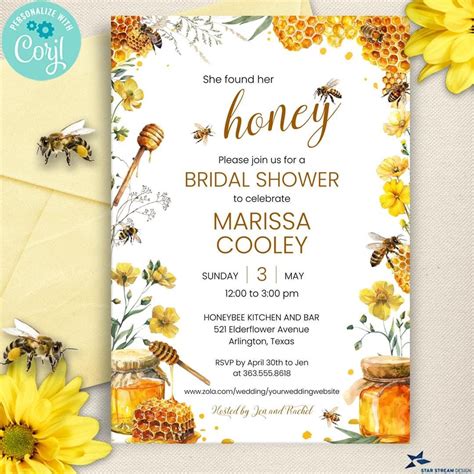 She Found Her Honey Bridal Shower Invitation 2 Sided 5x7 Editable