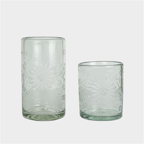 Floral Etched Drinking Glasses In Blown Recycled Glass Gardenheir