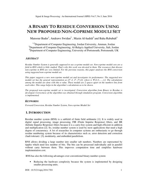pdf a binary to residue conversion using new proposed non coprime