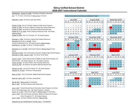 Gilroy Gusd Unified School District 26 27 Calendar Pdf Educounty